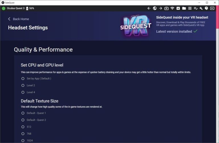 Quest版SideQuestがヘッドセット設定に対応！3Dカメラ化・高画質化が気楽に試せるように